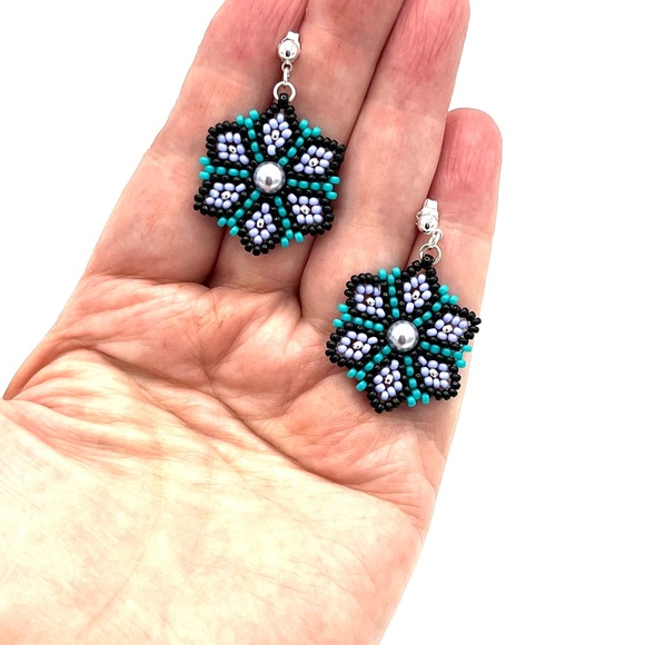 Hand Crafted | Jewelry | Hand Crafted Beaded Flower Earrings Black And Purple | Poshmark